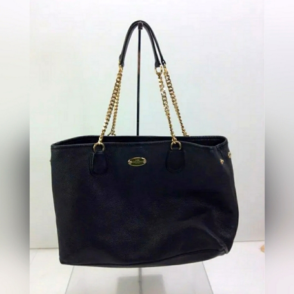 Coach | Bags | Coach Black Pebbled Leather Chain Link Tote Handbag ...